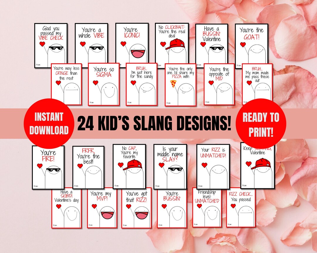 24 Funny Slang Valentines Cards Printable Classroom Cards for Kids ...