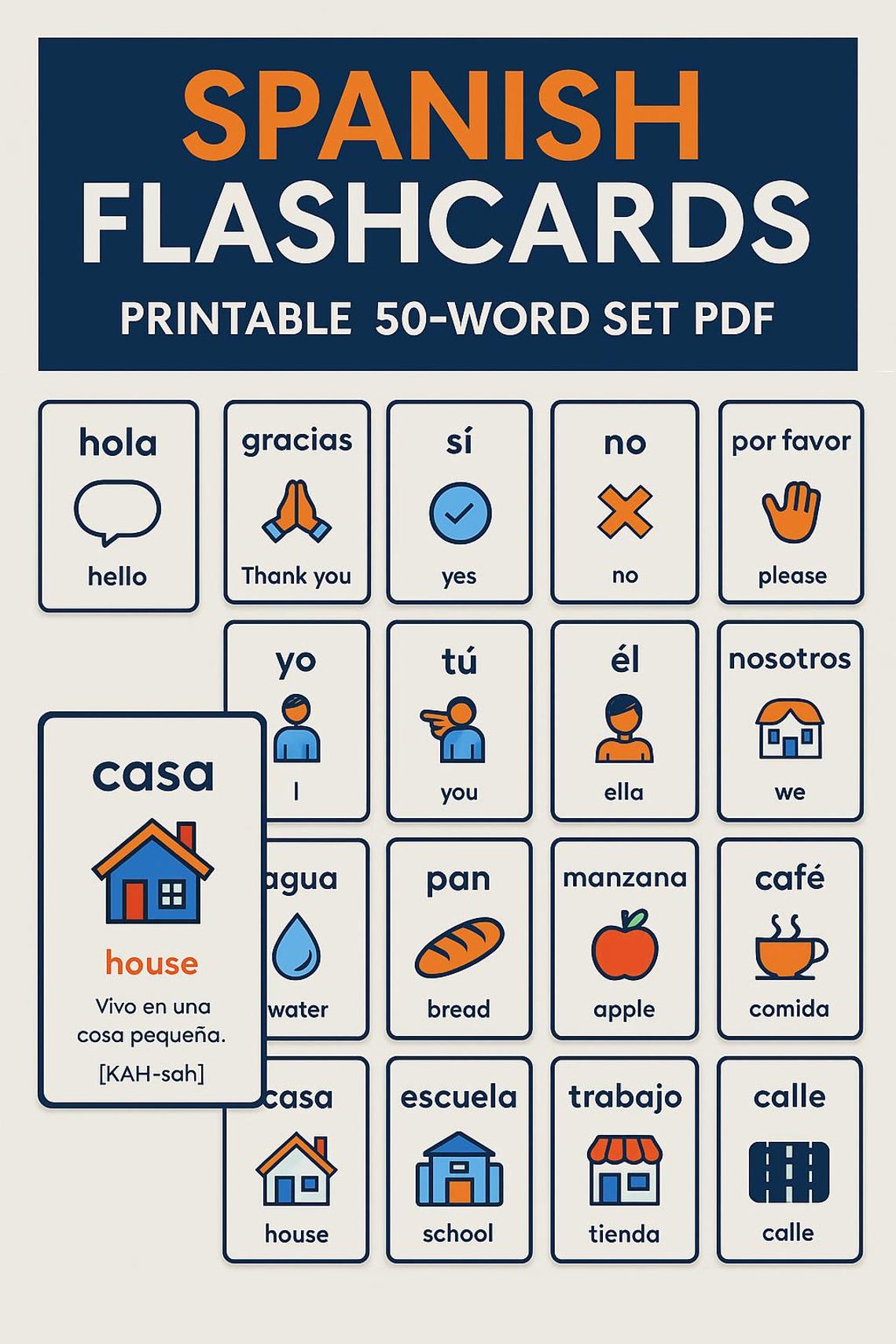 50 Spanish Printable Flashcards – Useful Words, Vocabulary Builder, PDF ...