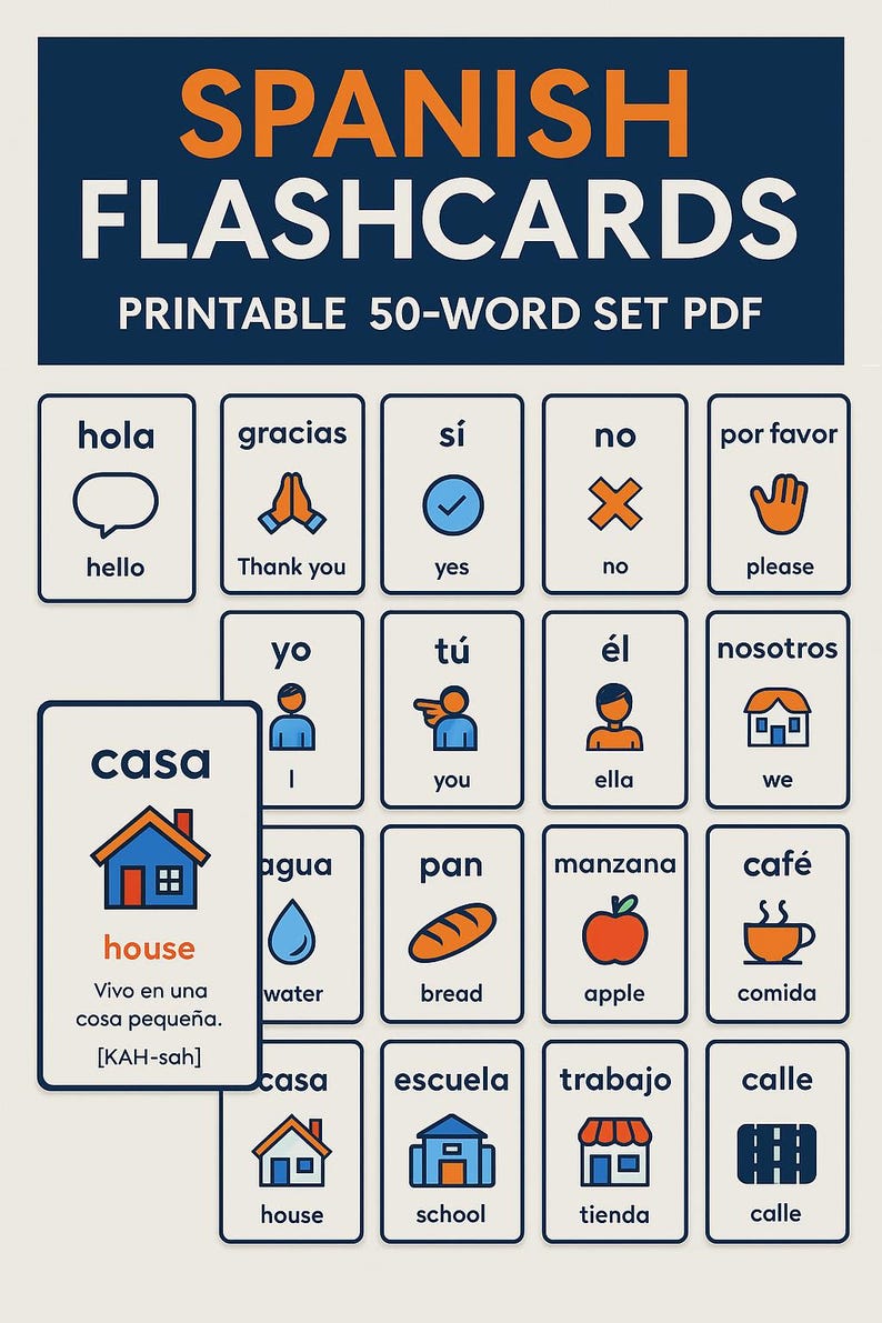 50 Spanish Printable Flashcards – Useful Words, Vocabulary Builder, PDF ...