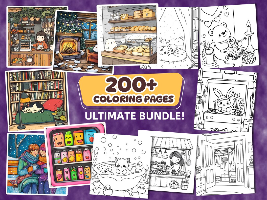 200 Coloring Pages Ultimate Bundle, Cute Cozy Stress-relief Coloring ...