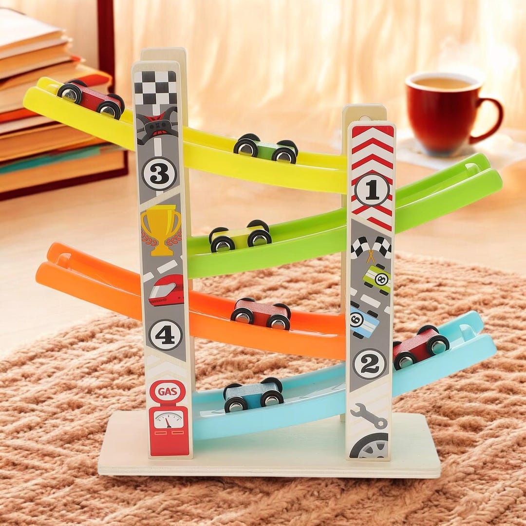 Wooden Ramp Racing Car Set – Montessori Toddler Toy & Mini Roller ...