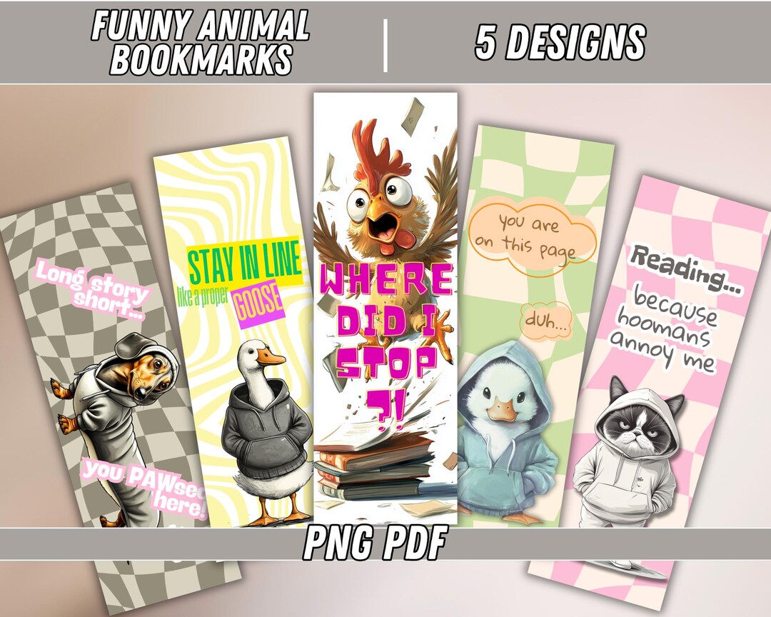 Funny Animal Bookmark Bundle | Printable Bookmarks | Bookmark Png ...