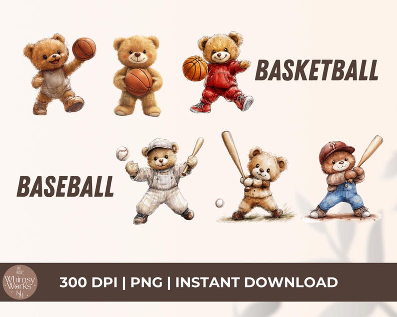 Teddy Bear Sports Clipart PNG | 15 Watercolor Teddy Bears Playing ...