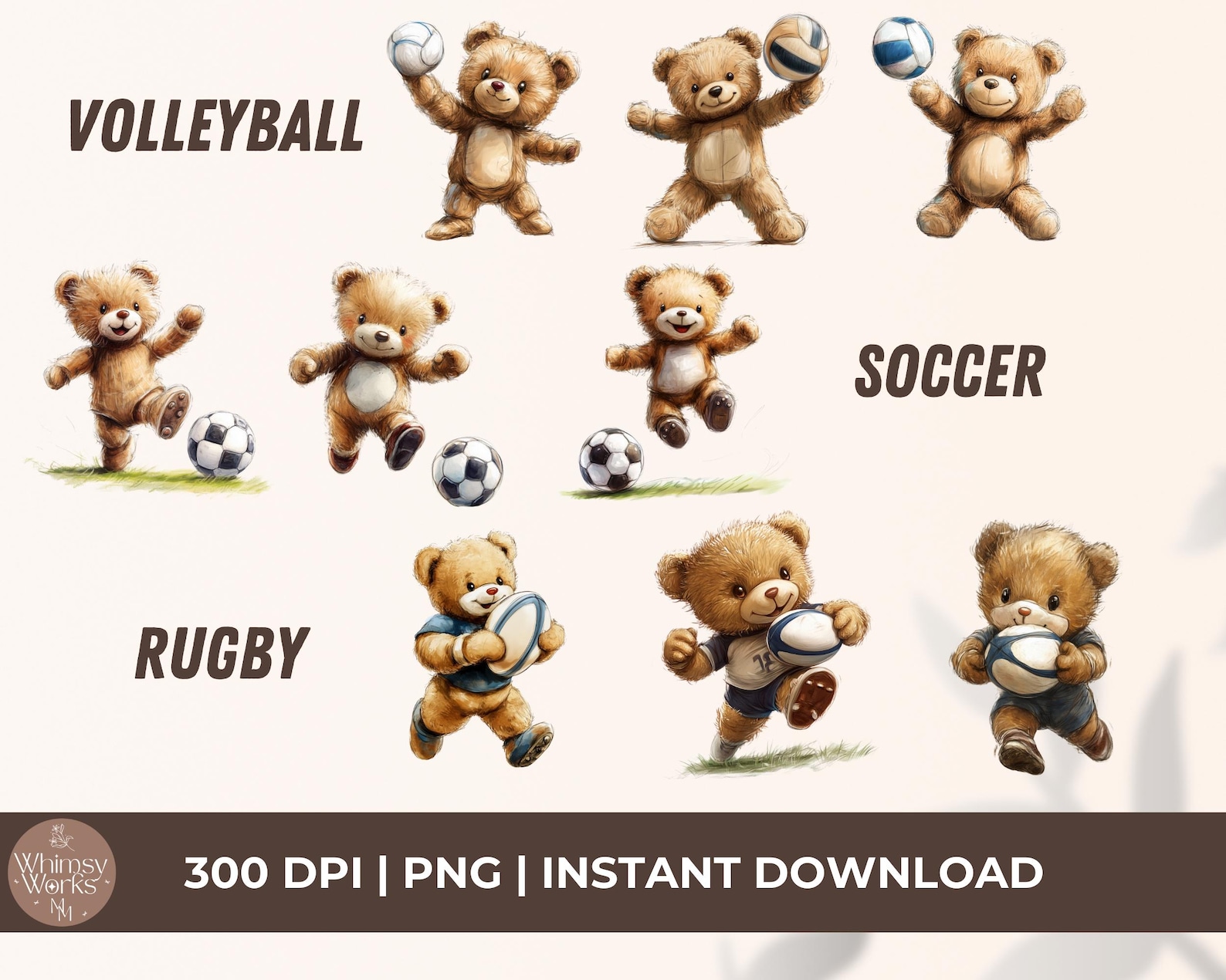 Teddy Bear Sports Clipart PNG | 15 Watercolor Teddy Bears Playing ...