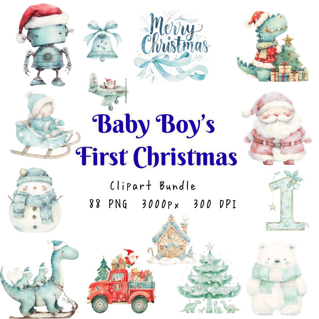Baby’s First Christmas Clipart Set – Blue Watercolor PNG Illustrations ...