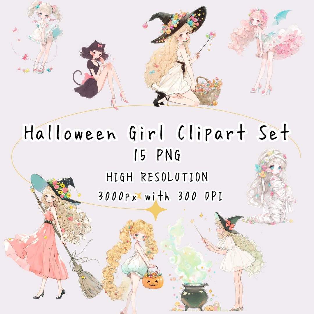 Halloween Girl Clipart Set – 15 PNG | Cute Witch, Vampire & Pumpkin ...