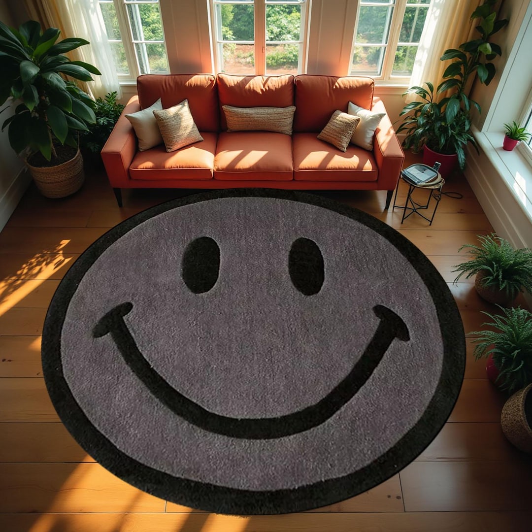 Smile Emoji Rug, Round Smile Rug, Tufted Look Rug, Emoji Decor, Rugs ...