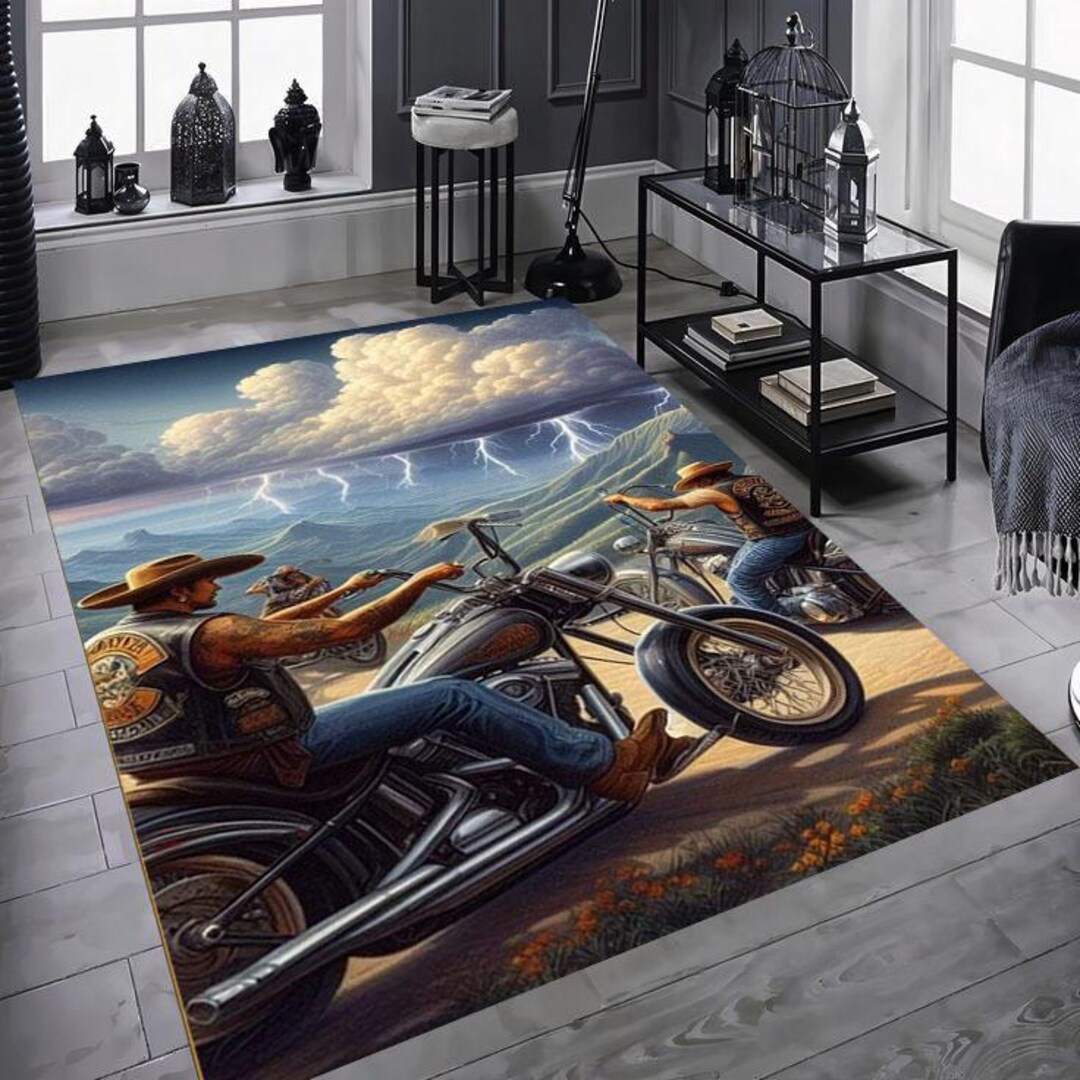Motorcycle Gang Rug, Harley Davidson Pattern Rug Artwork Rug, Luxury ...