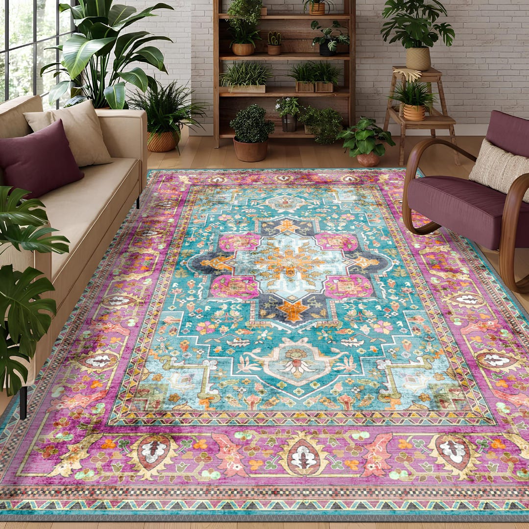 Pink and Blue Turkish Rug, Living Room Decor, Non-slip, Machine ...