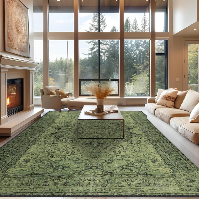 Green Turkish Rug for Living Room, Chic and Artistic Look, Ideal for ...