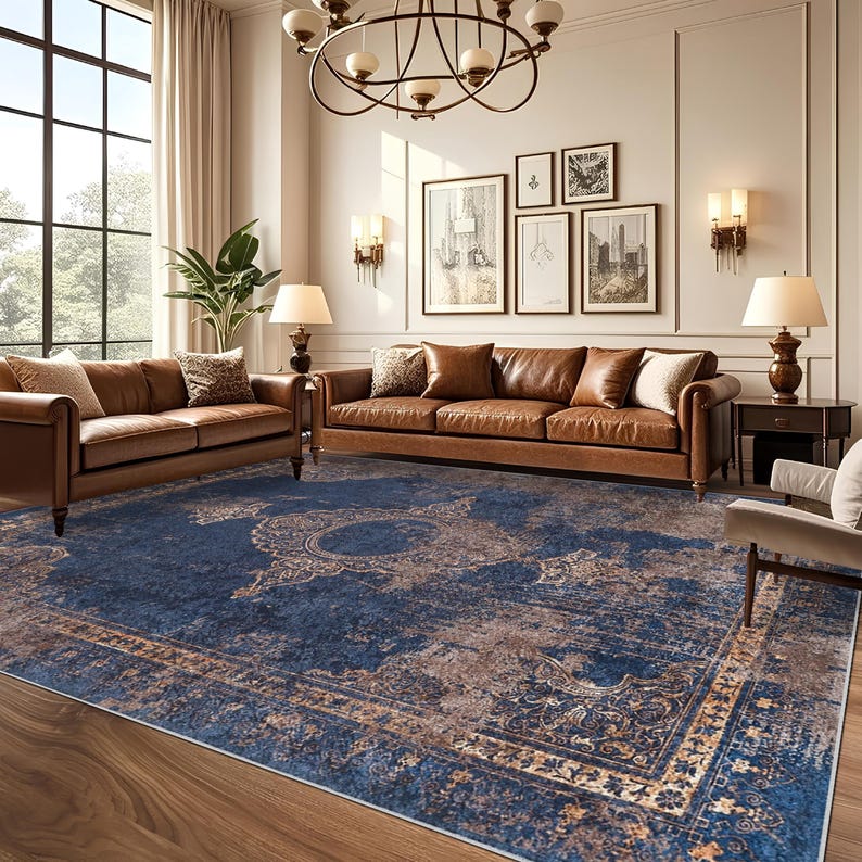 Luxury Navy Blue Living Room Rug, Vintage Style Medallion Rug ...