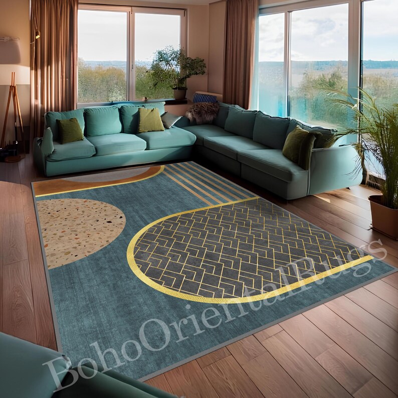 Modern Blue and Gold Living Room Rug, Minimalist Home Decor, Geometric ...