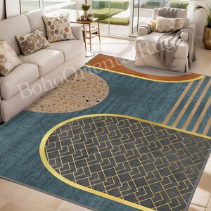 Modern Blue and Gold Living Room Rug, Minimalist Home Decor, Geometric ...