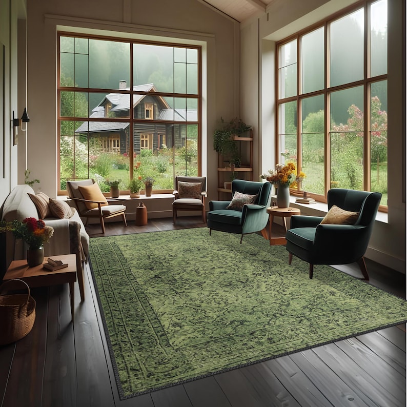 Green Turkish Rug for Living Room, Chic and Artistic Look, Ideal for ...