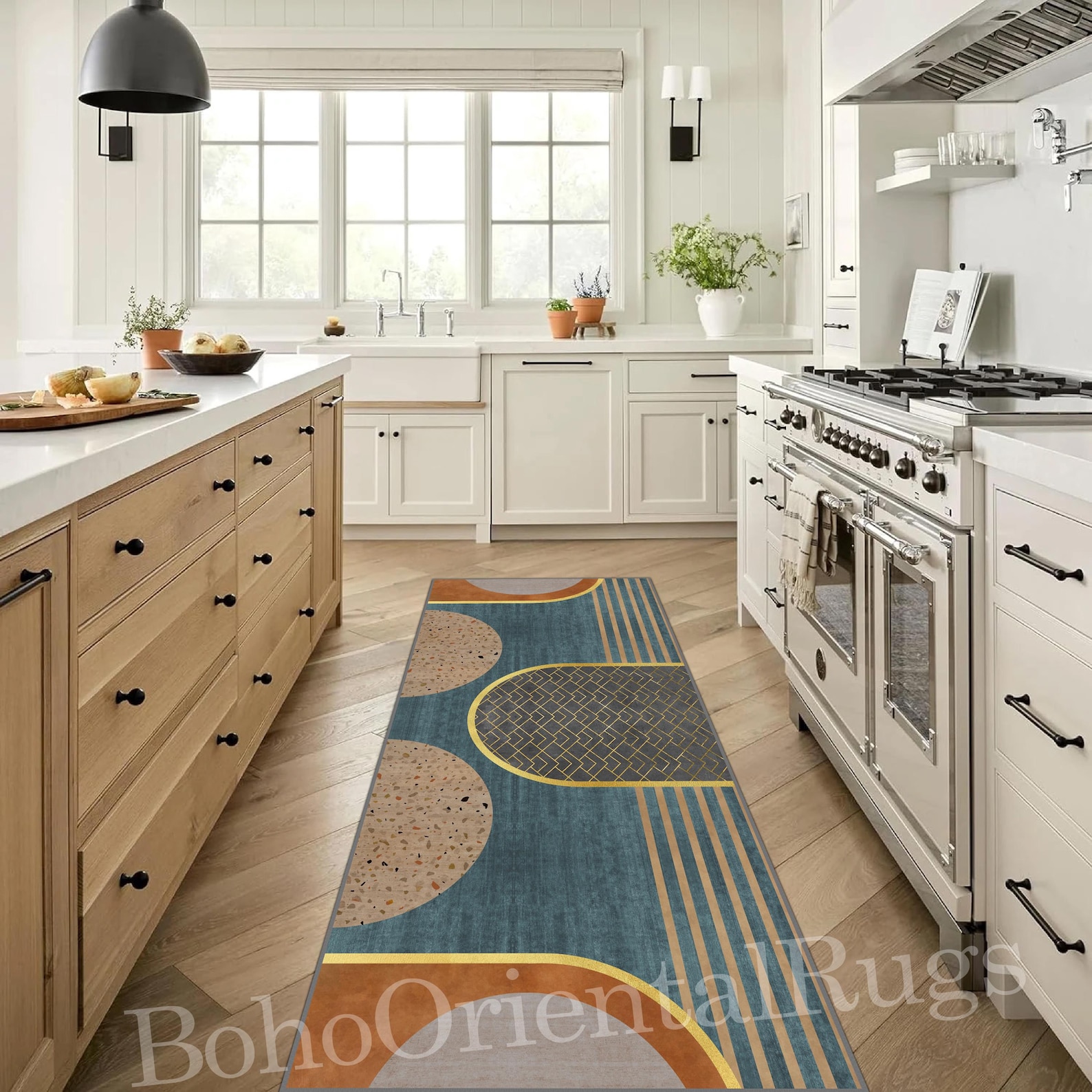Modern Blue and Gold Living Room Rug, Minimalist Home Decor, Geometric ...