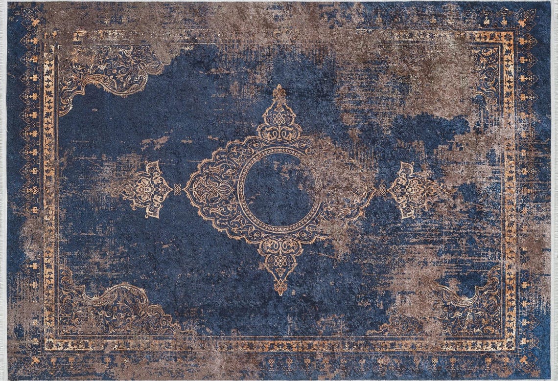 Luxury Navy Blue Living Room Rug, Vintage Style Medallion Rug ...