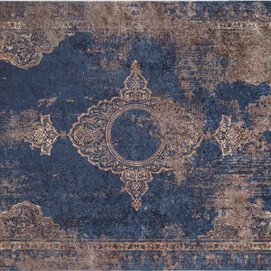Luxury Navy Blue Living Room Rug, Vintage Style Medallion Rug ...