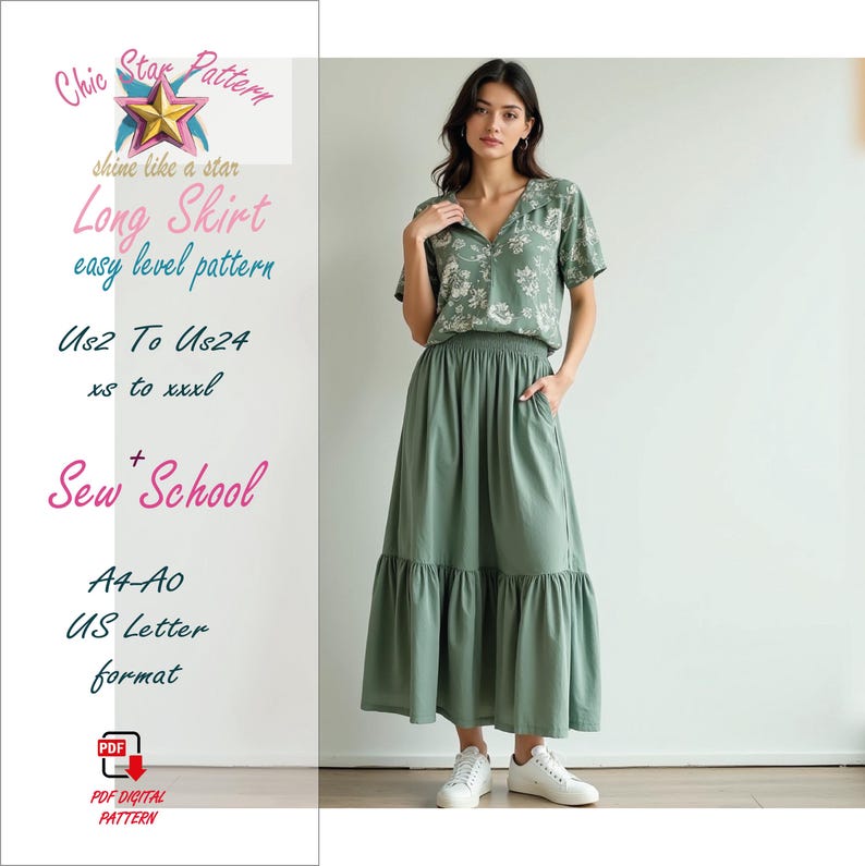Long Skirt Sewing Pattern - Easy Level PDF Pattern for Women, Sizes US ...