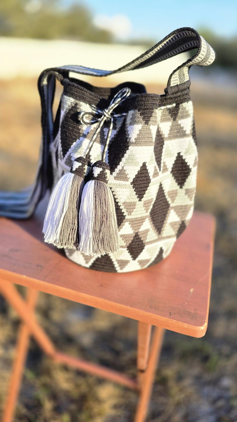 Handmade Wayuu Bucket Bag – Black, White & Grey Geometric Tassel ...