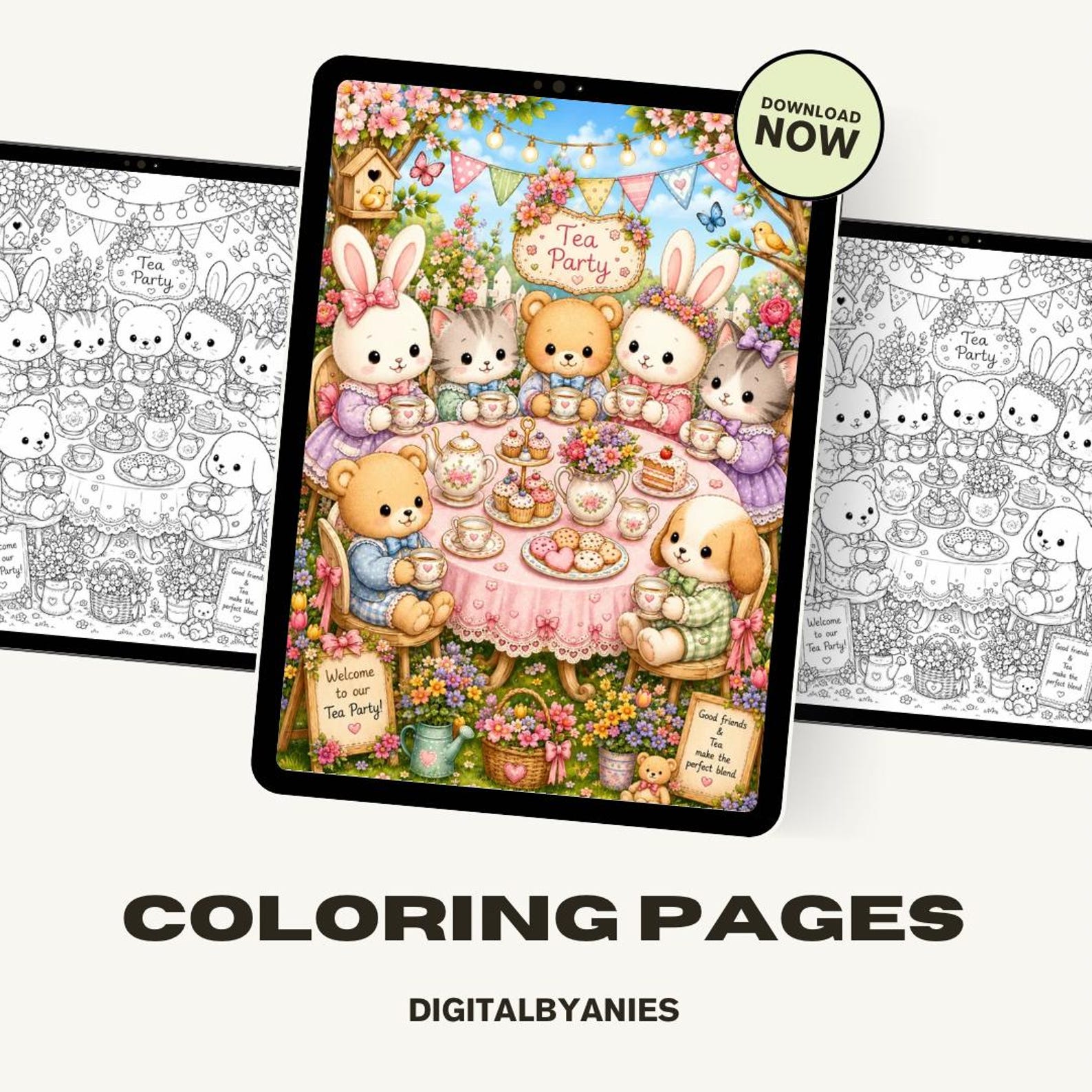 Woodland Animals Tea Party Coloring Pages | Kawaii Friends Printable ...