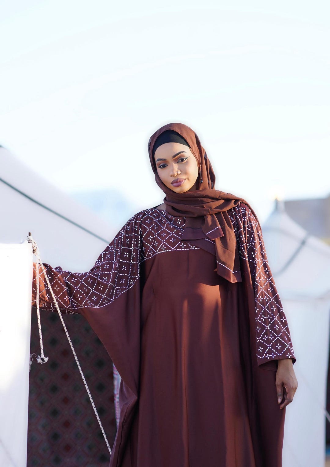 Abaya Fatima – Chocolate Brown & White Embroidered Two-piece Set ...