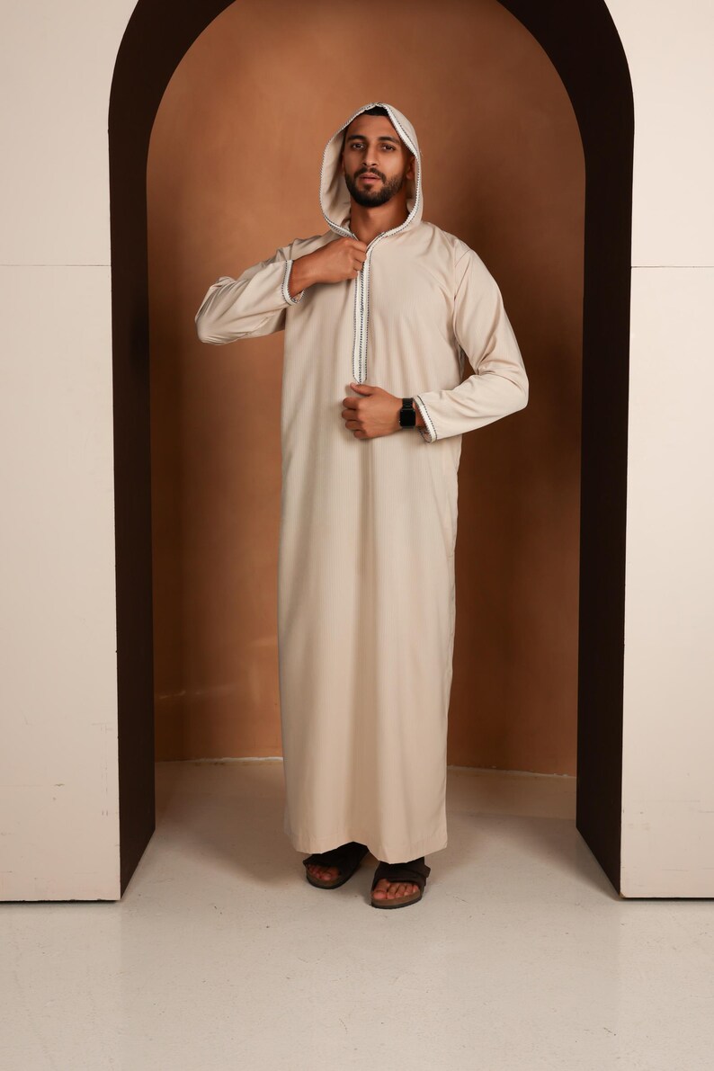 Qamis Mohamed – Beige Hooded Men’s Qamis – Lightweight Zibda Fabric ...