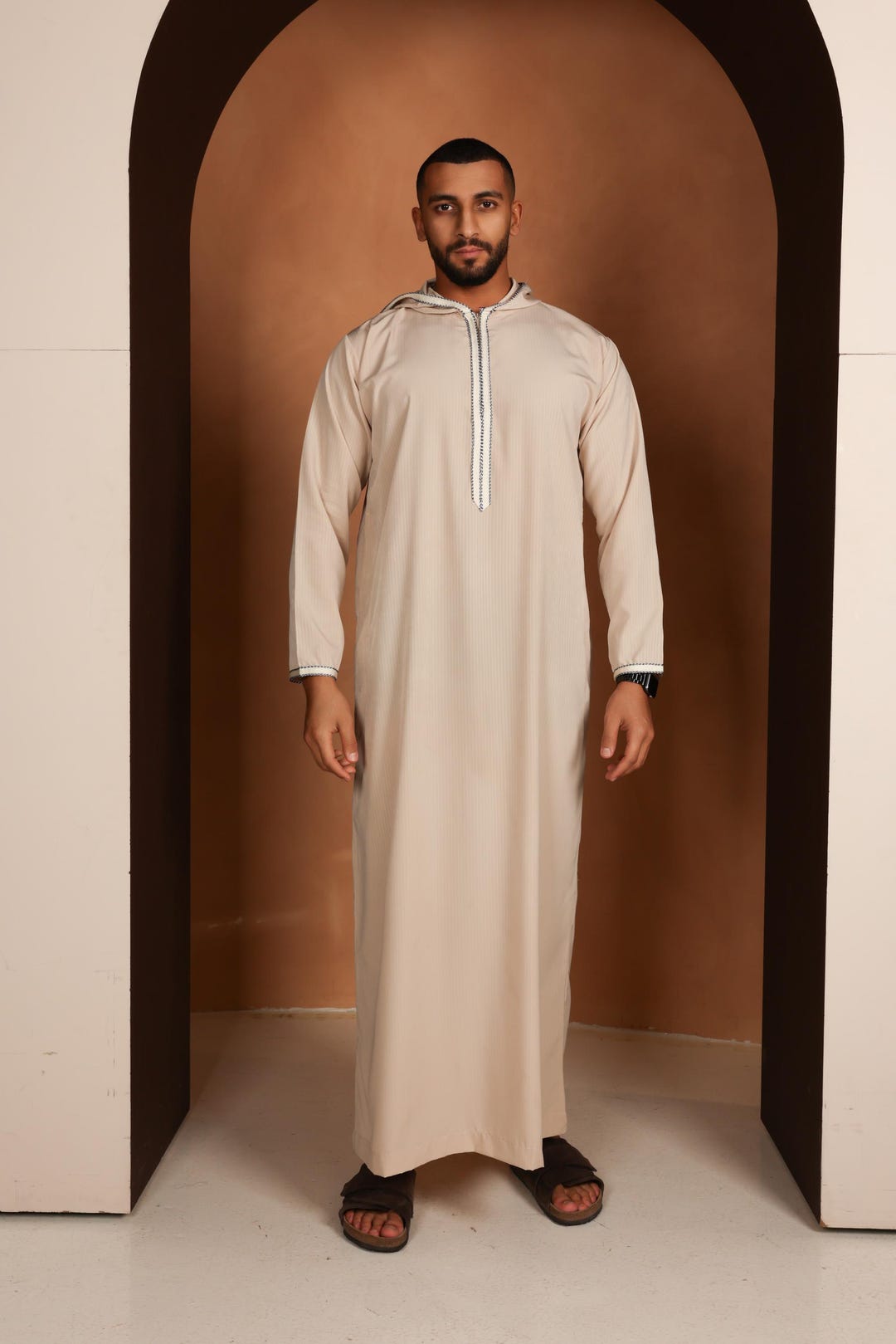 Qamis Mohamed – Beige Hooded Men’s Qamis – Lightweight Zibda Fabric ...