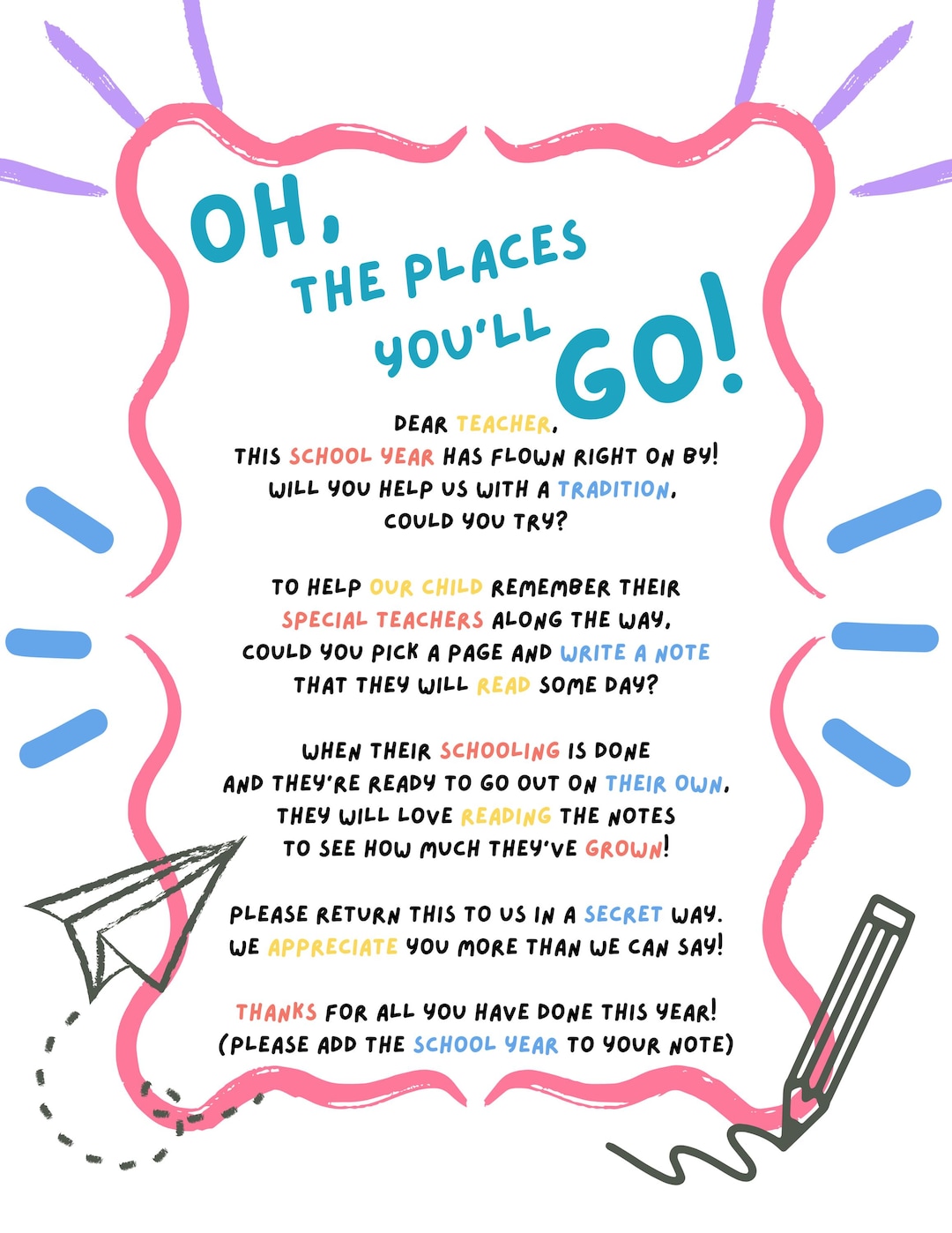Teacher Letter for ‘oh, the Places You’ll Go’ Book. End of Year ...