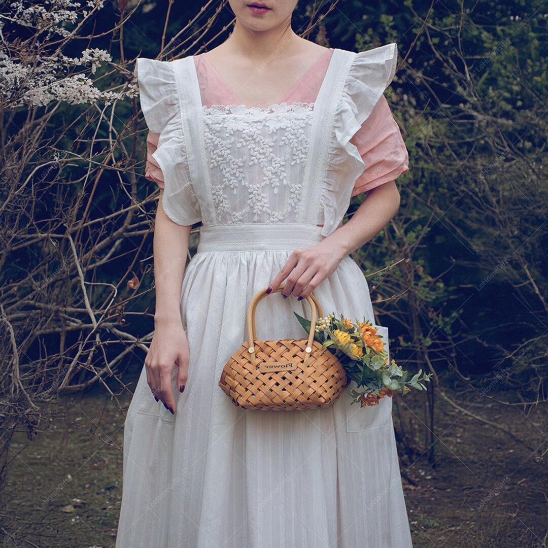 White Lace Apron With Cross Back, Vintage French Kitchen Apron, Floral ...