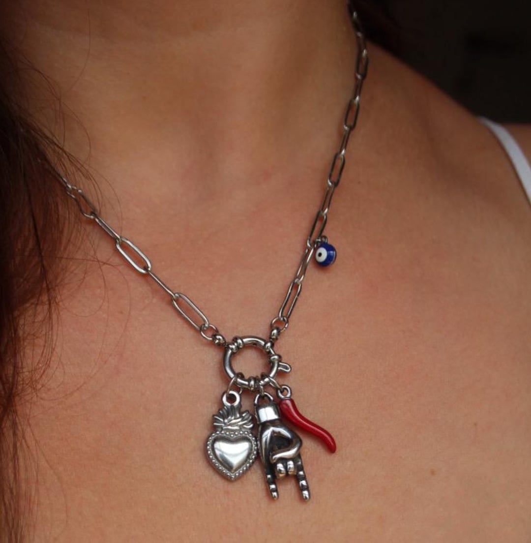 Italian Evil Eye Necklace With Horn Charms – Lucky Necklace – Mano ...