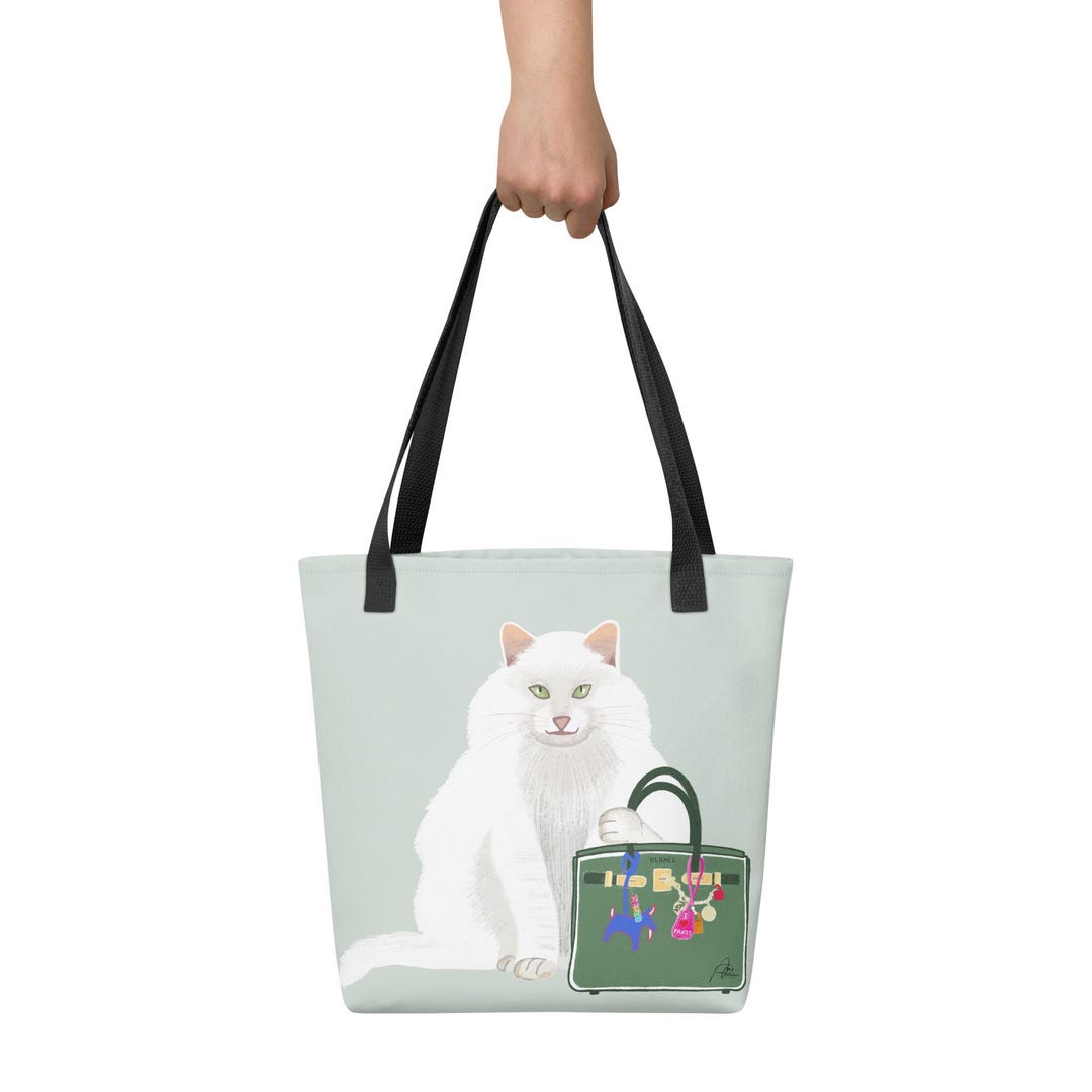 White Cat Green Birkin Tote Bag Funny Cat Tote Bag Luxury Fashion Cat ...