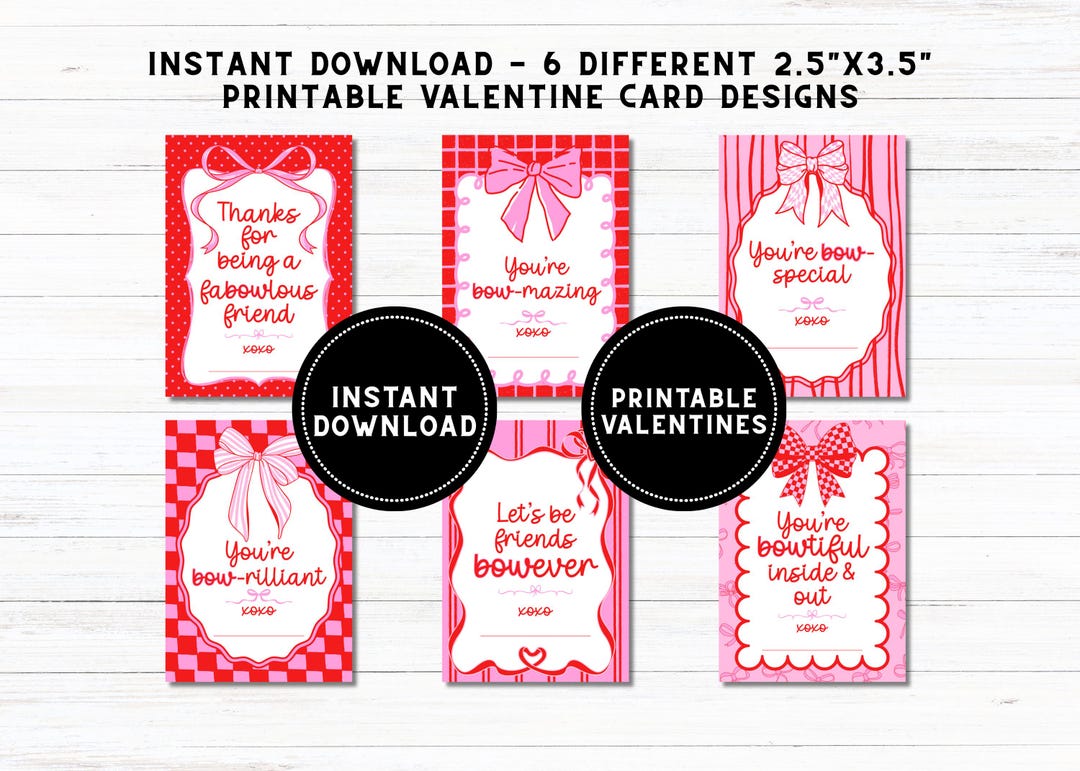 Coquette Bow Themed Printable Valentines for Girls | Preppy Design PNG ...