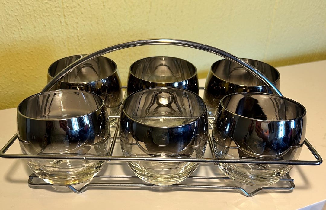 MCM 1960s Dorothy Thorpe Roly Poly Silver Fade Barware Glass Set of 6 W ...