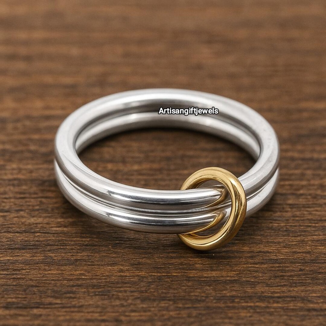 925 Sterling Silver Double Band Ring, Brass Accent, Minimalist Thumb ...