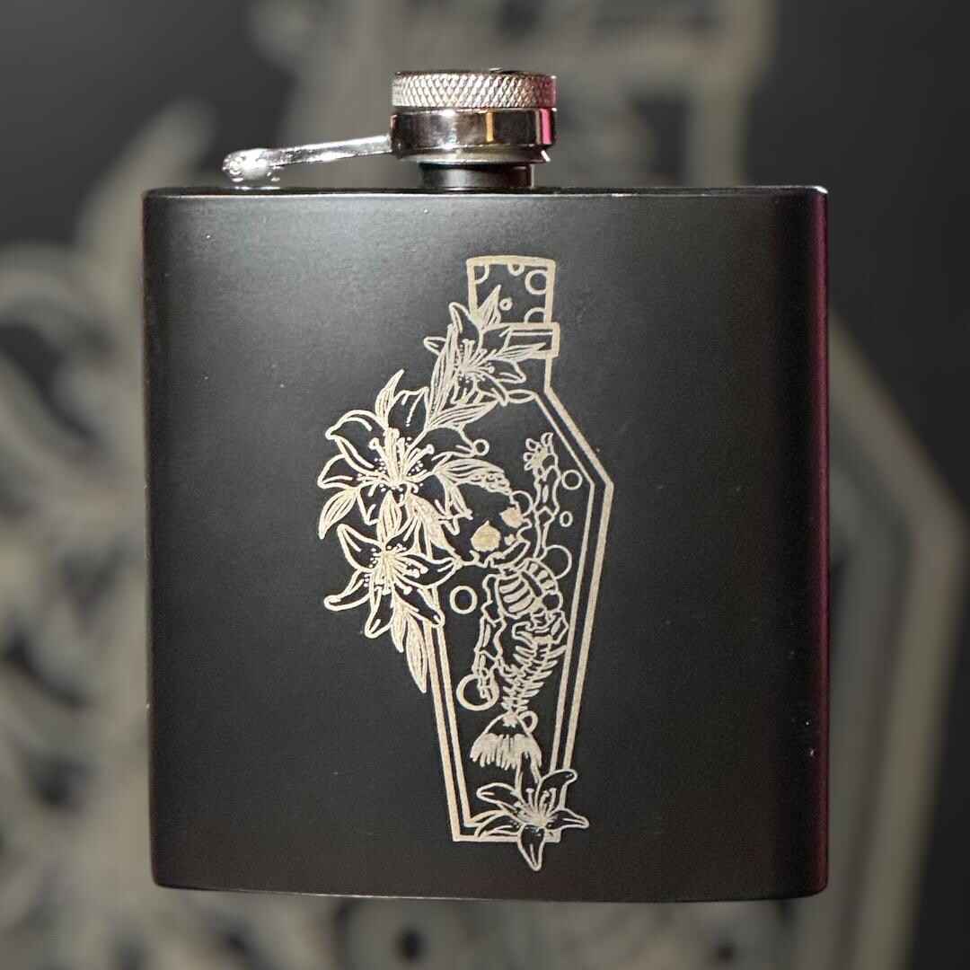 Original Tattoo Design coffin Bottle Engraved Flask-6oz Flask Available ...