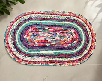 Small Oval Handmade Jelly Roll Rug: Blue Floral Prints - Measures ...