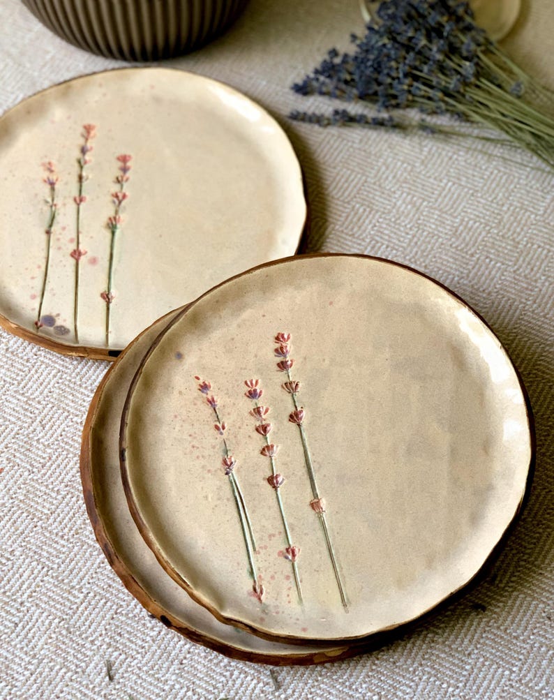 Ceramic Set Dinner Plate With Pressed Lavender Rustic Floral Pottery ...