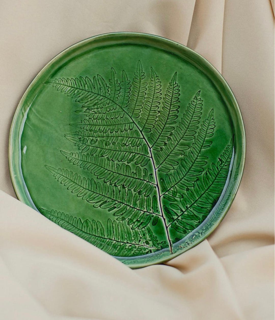 Rustic Green Ceramic Plates With Leaf Imprints Handmade Pottery ...