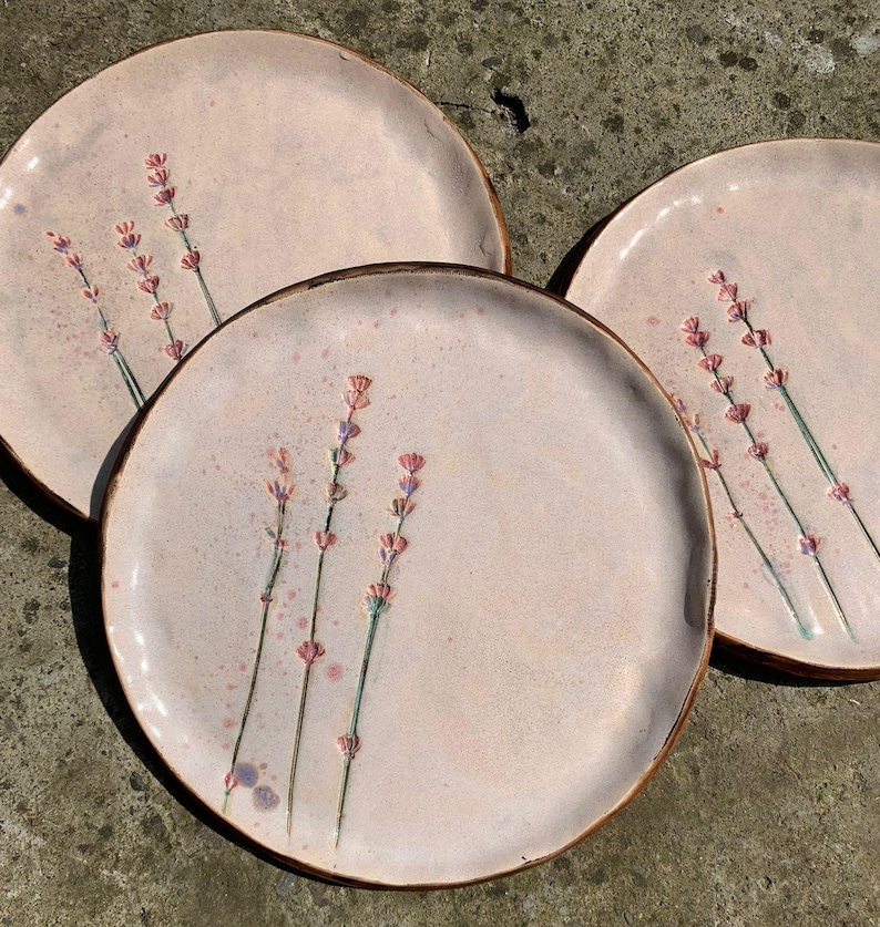 Ceramic Set Dinner Plate With Pressed Lavender Rustic Floral Pottery ...