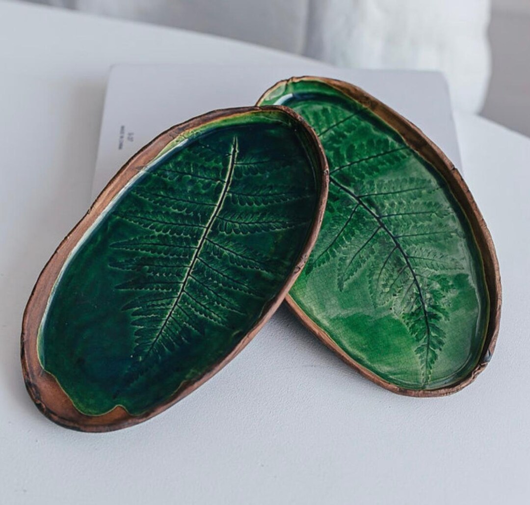 Ceramic Leaf Imprint Tray – Botanical Green Fern Plate, Rustic Pottery ...