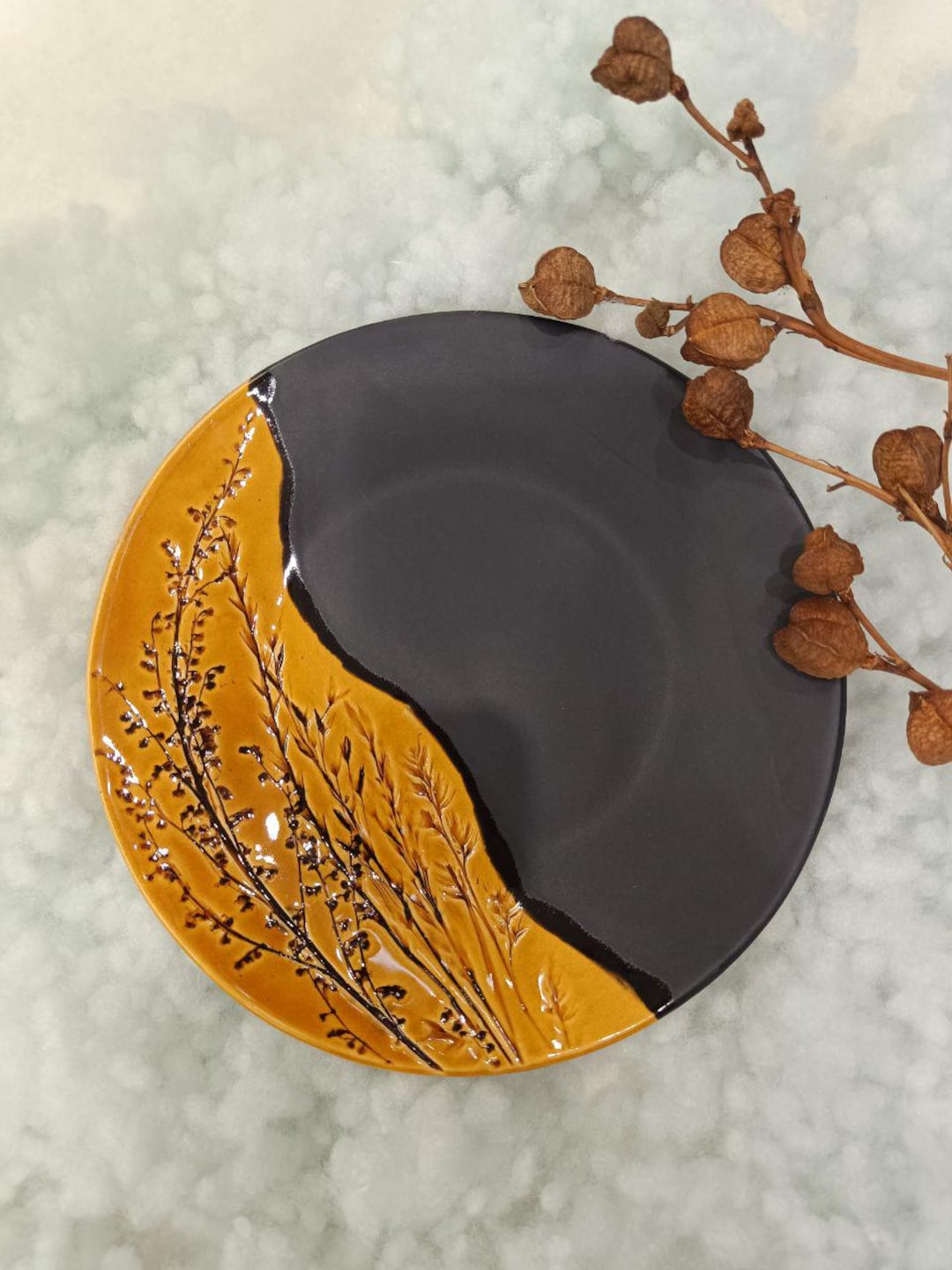 Minimalist Black & Yellow-gold Ceramic Plate Handmade Modern Stoneware ...