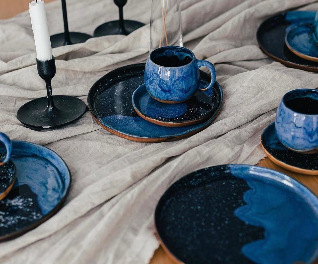 Blue Ceramic Dinnerware Set 2 Plates + Mug and Saucer Stoneware Serving ...