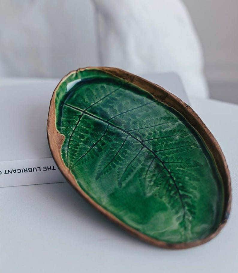 Ceramic Leaf Imprint Tray – Botanical Green Fern Plate, Rustic Pottery ...
