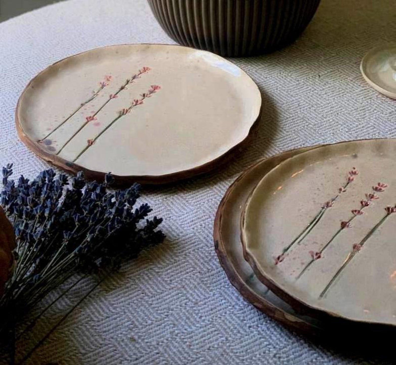 Ceramic Set Dinner Plate With Pressed Lavender Rustic Floral Pottery ...