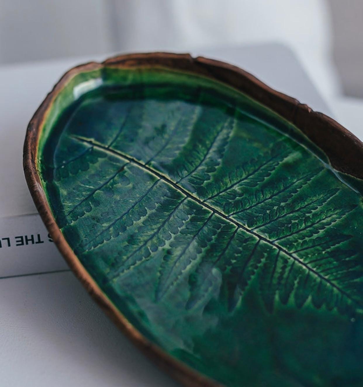 Ceramic Leaf Imprint Tray – Botanical Green Fern Plate, Rustic Pottery ...