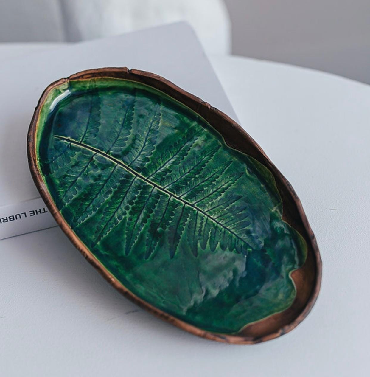 Ceramic Leaf Imprint Tray – Botanical Green Fern Plate, Rustic Pottery ...