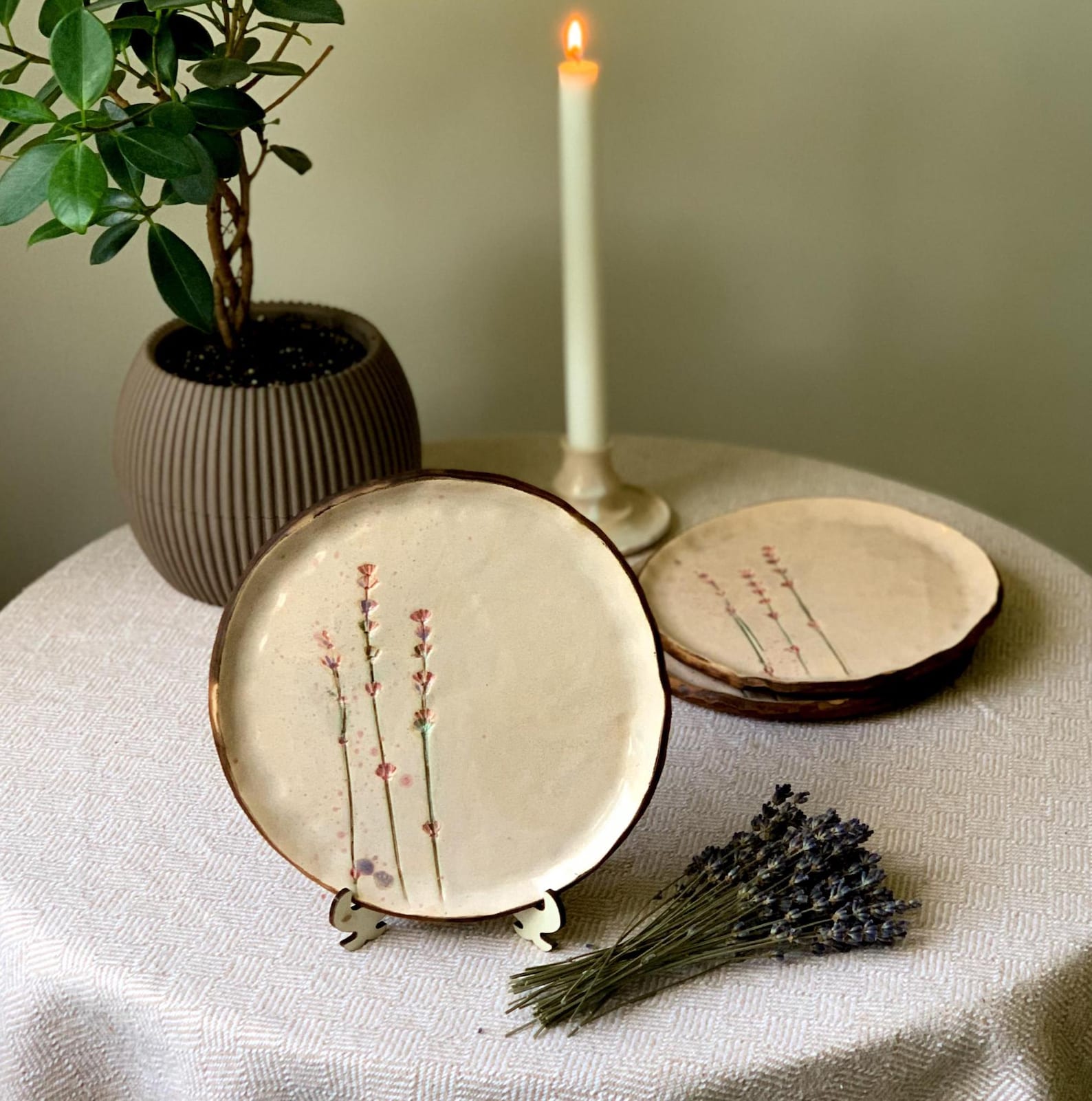 Ceramic Set Dinner Plate With Pressed Lavender Rustic Floral Pottery ...