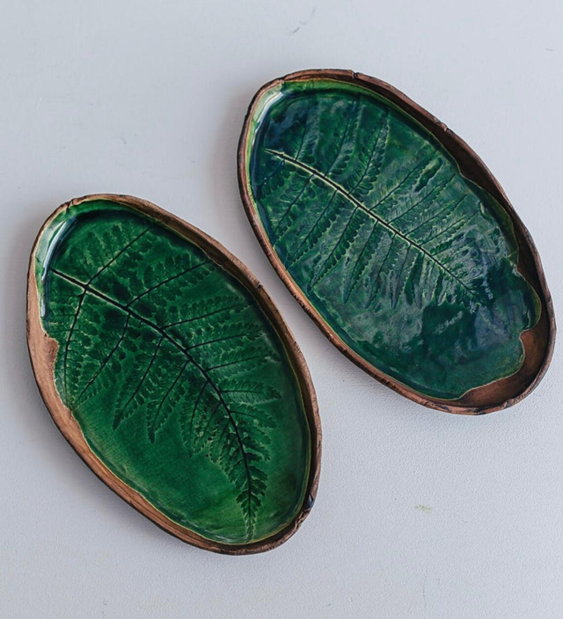 Ceramic Leaf Imprint Tray – Botanical Green Fern Plate, Rustic Pottery ...
