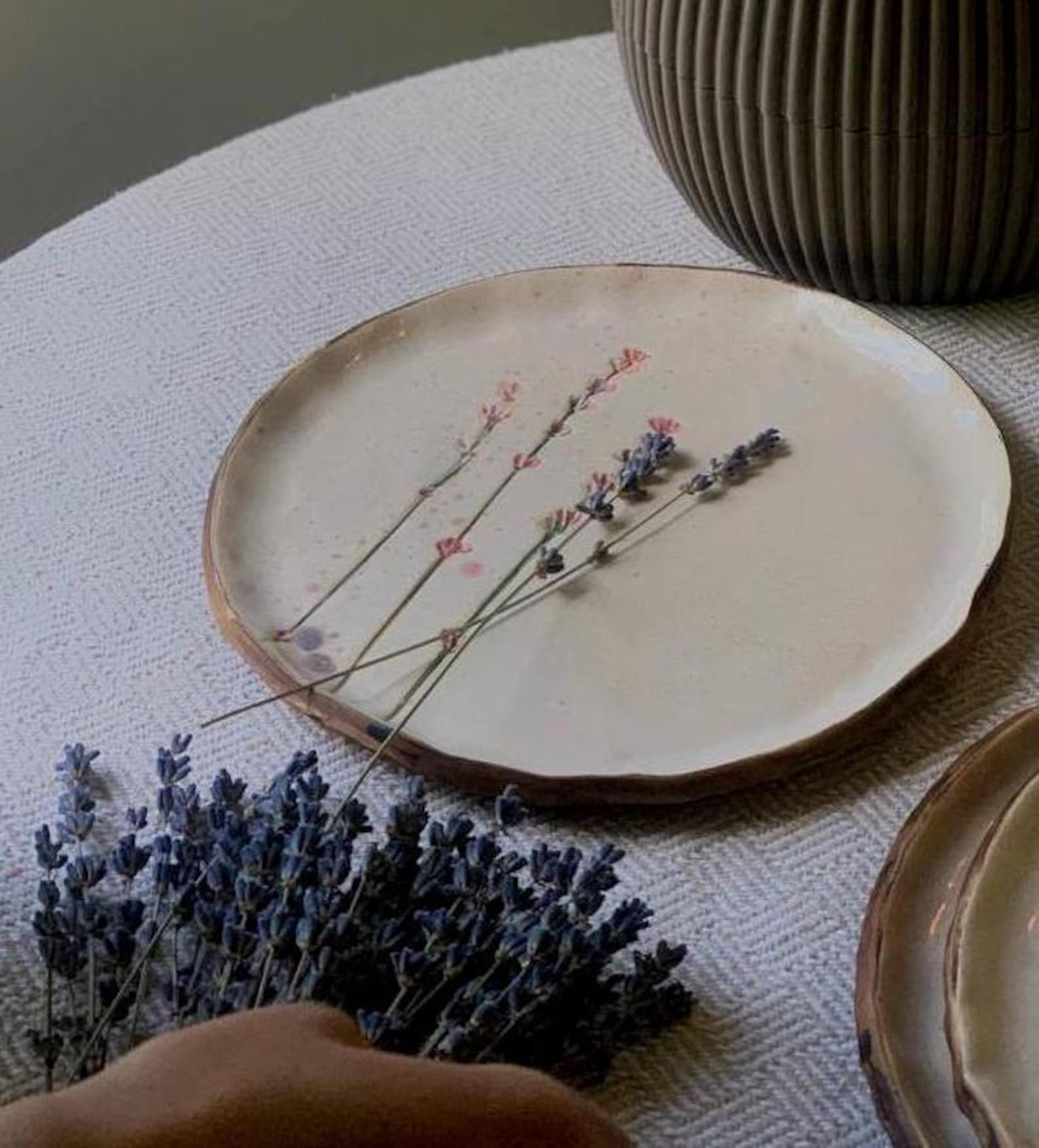 Ceramic Set Dinner Plate With Pressed Lavender Rustic Floral Pottery ...