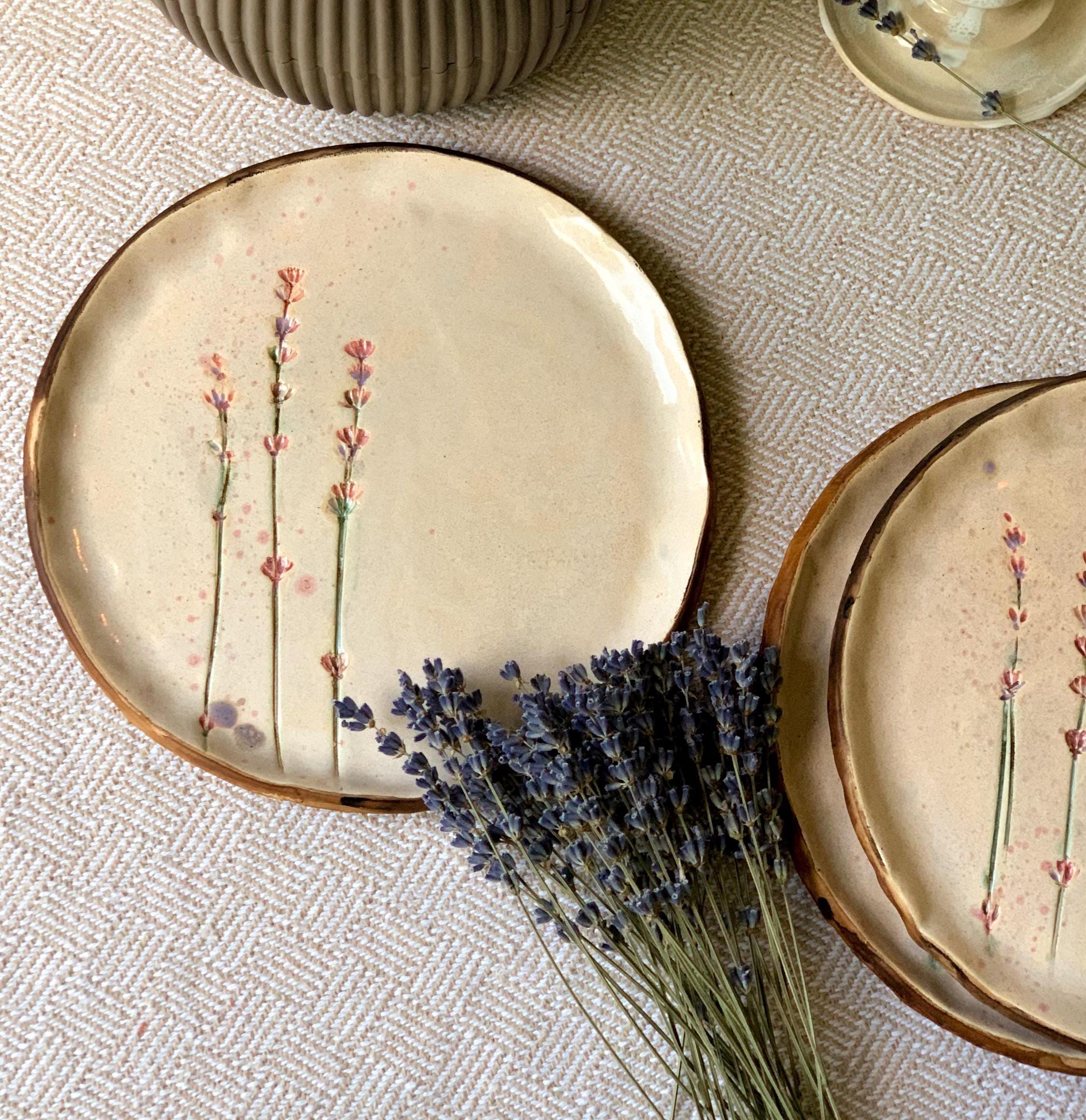 Ceramic Set Dinner Plate With Pressed Lavender Rustic Floral Pottery ...